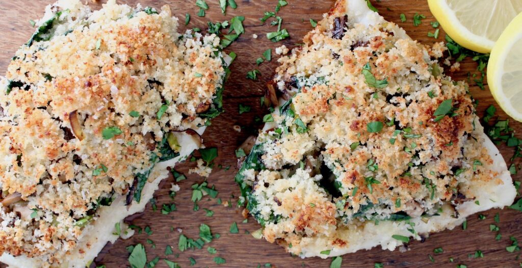 Tripletail with Leek, Mushroom & Spinach