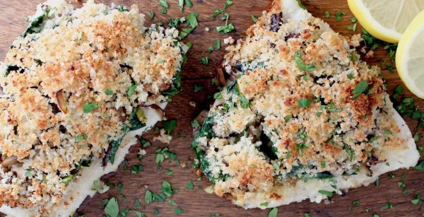 Tripletail with Leek, Mushroom & Spinach